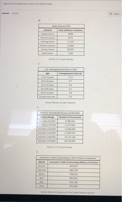 Select all of the tables that contain cross-sectional | Chegg.com