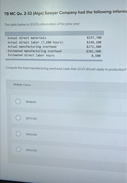 Solved TB MC Qu. 2-32 (Algo) Sawyer Company had the | Chegg.com