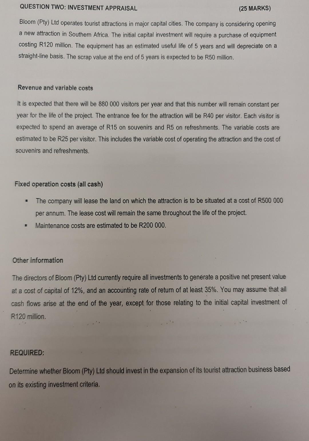Solved QUESTION TWO: INVESTMENT APPRAISAL (25 MARKS) Bloom | Chegg.com