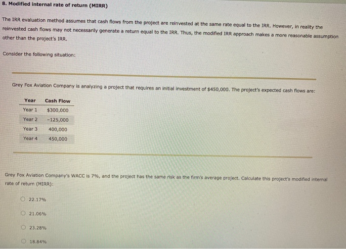Solved 8. Modified internal rate of return (MIRR) The IRR | Chegg.com