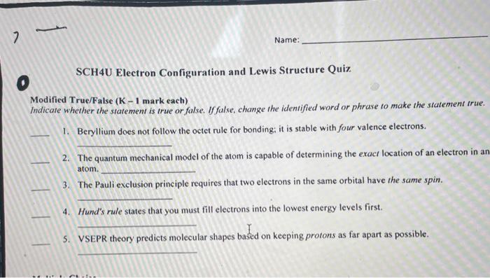 Solved 2 Name: SCH4U Electron Configuration and Lewis | Chegg.com