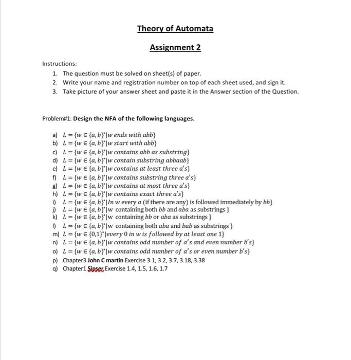 design Nfa's for following questions this assignments | Chegg.com