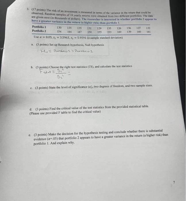 Solved 3. (17 points) The risk of an investment is measured | Chegg.com