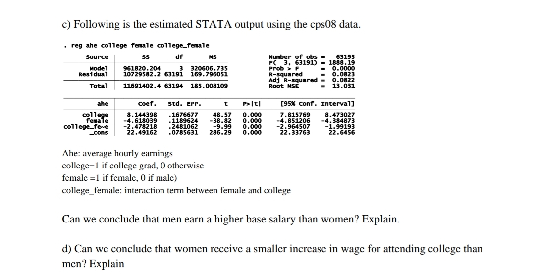 Solved c) ﻿Following is the estimated STATA output using the | Chegg.com