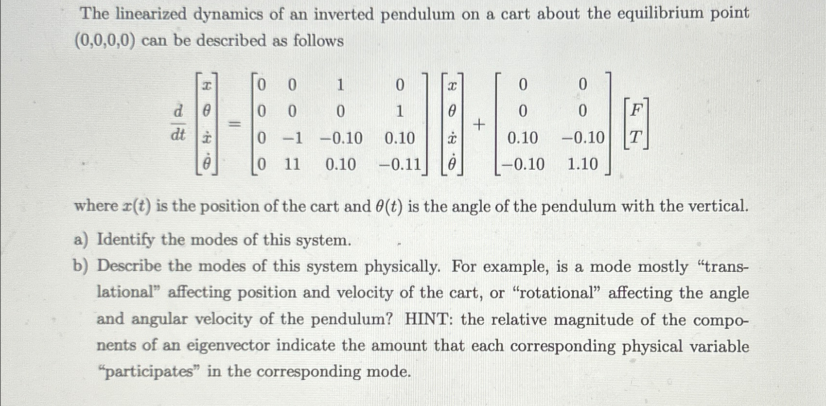 Solved The linearized dynamics of an inverted pendulum on a | Chegg.com