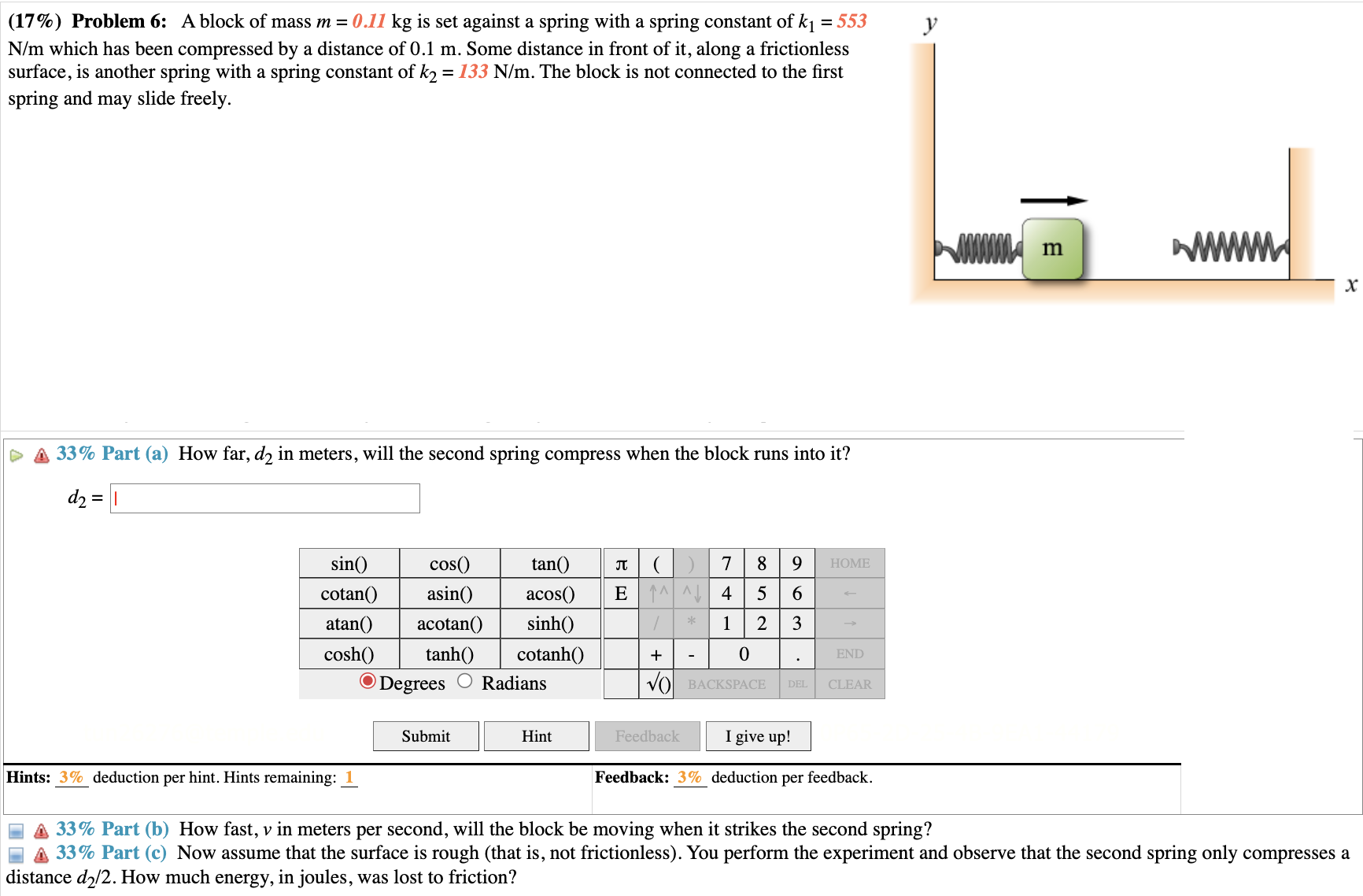 Solved A block of mass m = 0.11 ﻿kg is set against a spring | Chegg.com