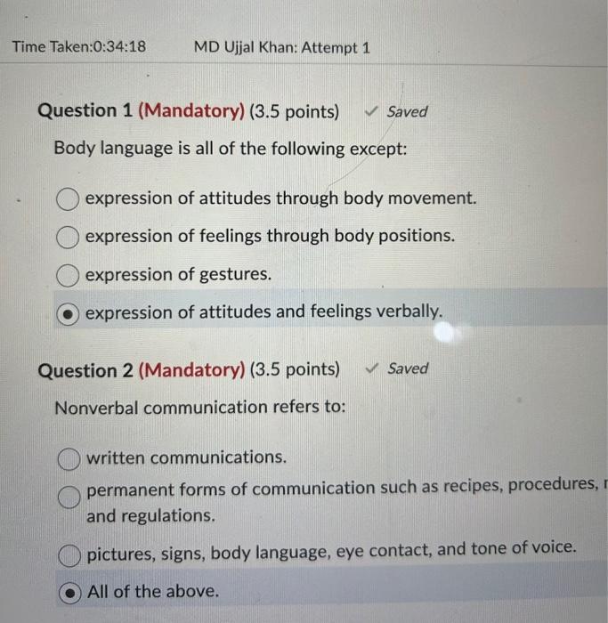 Solved Body language is all of the following except: | Chegg.com