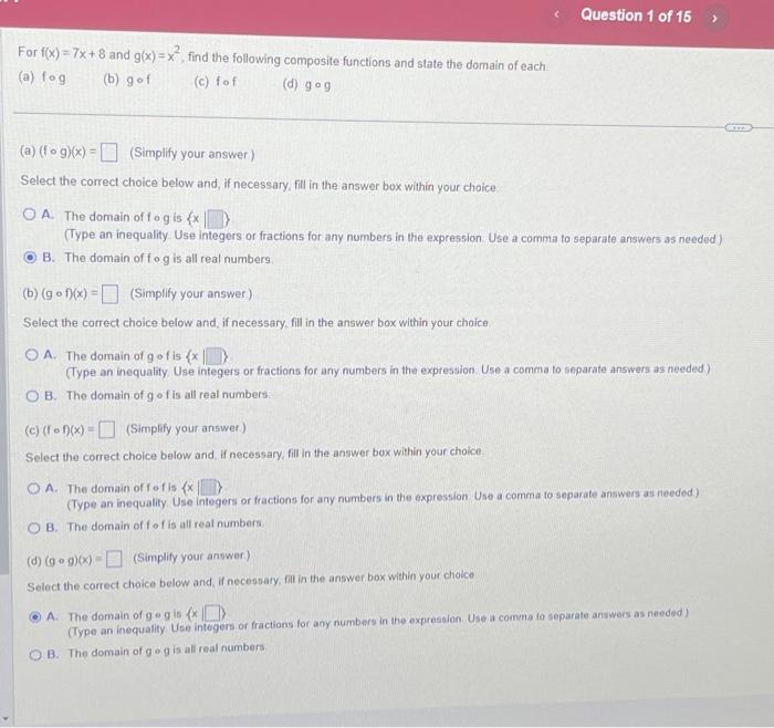Solved For f(x) = 7x+8 and g(x)=x, find the following | Chegg.com