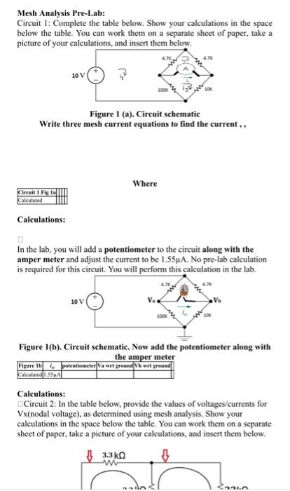 Solved Mesh Analysis Pre-Lab: Circuit 1: Complete the table | Chegg.com