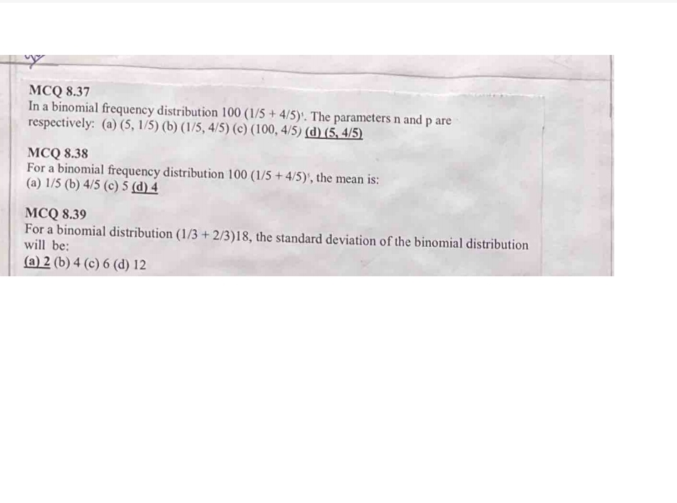 Solved MCQ 8.37In a binomial frequency distribution | Chegg.com