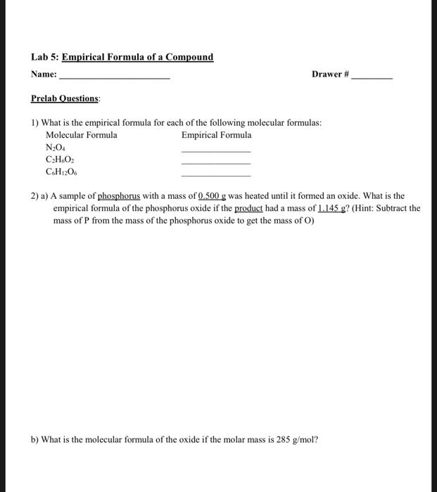 Solved Lab 5: Empirical Formula of a Compound Name Drawer# | Chegg.com