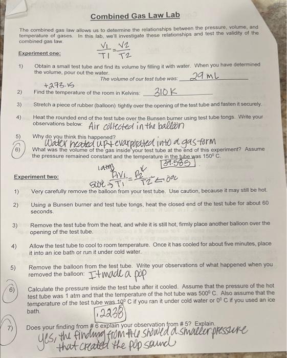 Solved Combined Gas Law Lab The combined gas law allows us | Chegg.com