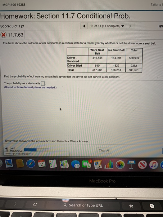 Solved MGF1106 #2285 Tatiana Homework: Section 11.7 | Chegg.com