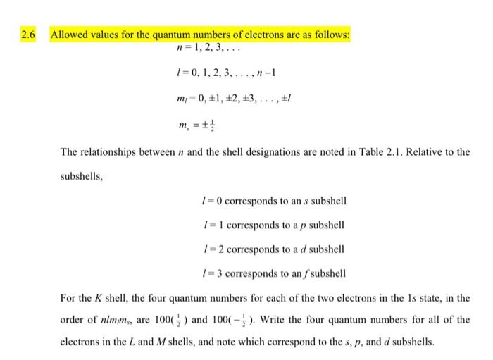 Solved Allowed values for the quantum numbers of electrons | Chegg.com