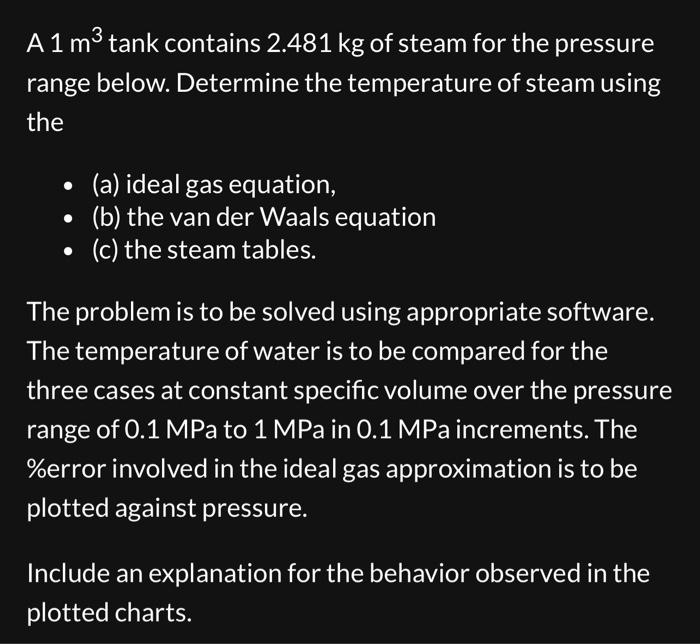 Solved A 1 m3 tank contains 2.481 kg of steam for the | Chegg.com
