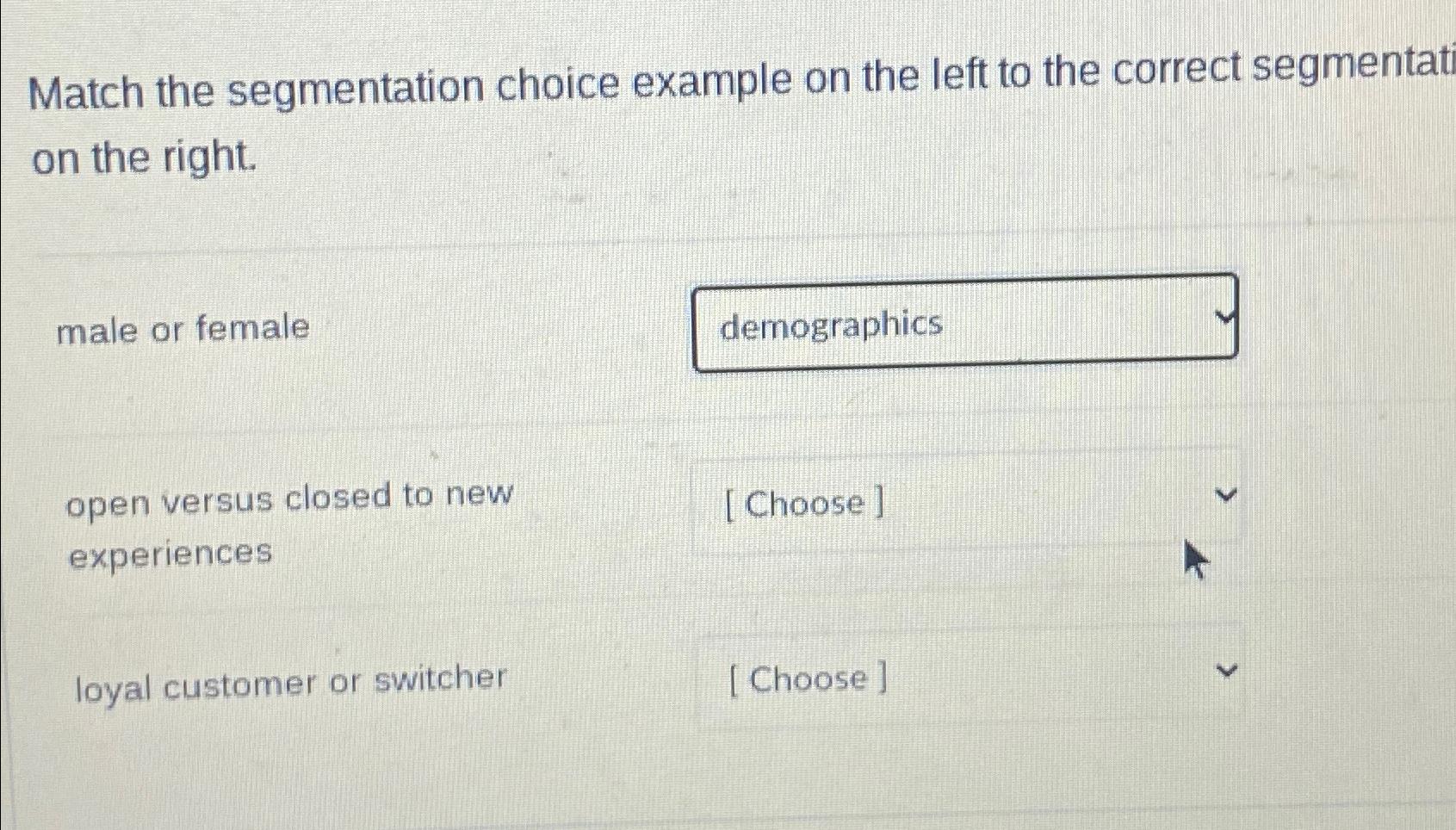 Solved Match the segmentation choice example on the left to | Chegg.com