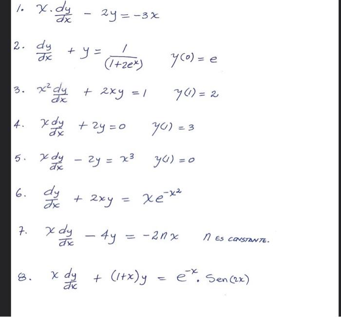 Solved 1. x⋅dxdy−2y=−3x 2. dxdy+y=(1+2ex)1y(0)=e 3. | Chegg.com