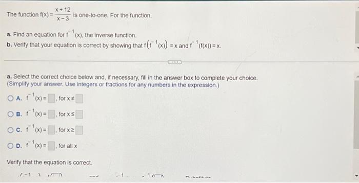 Solved The function f(x) = X + 12 X-3 is one-to-one. For the | Chegg.com
