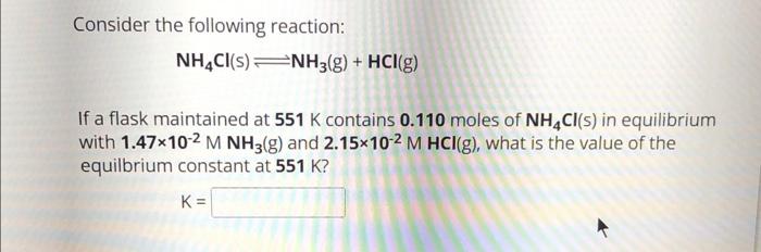 Solved Consider the following reaction: NH4Cl(s)⇌NH3( | Chegg.com