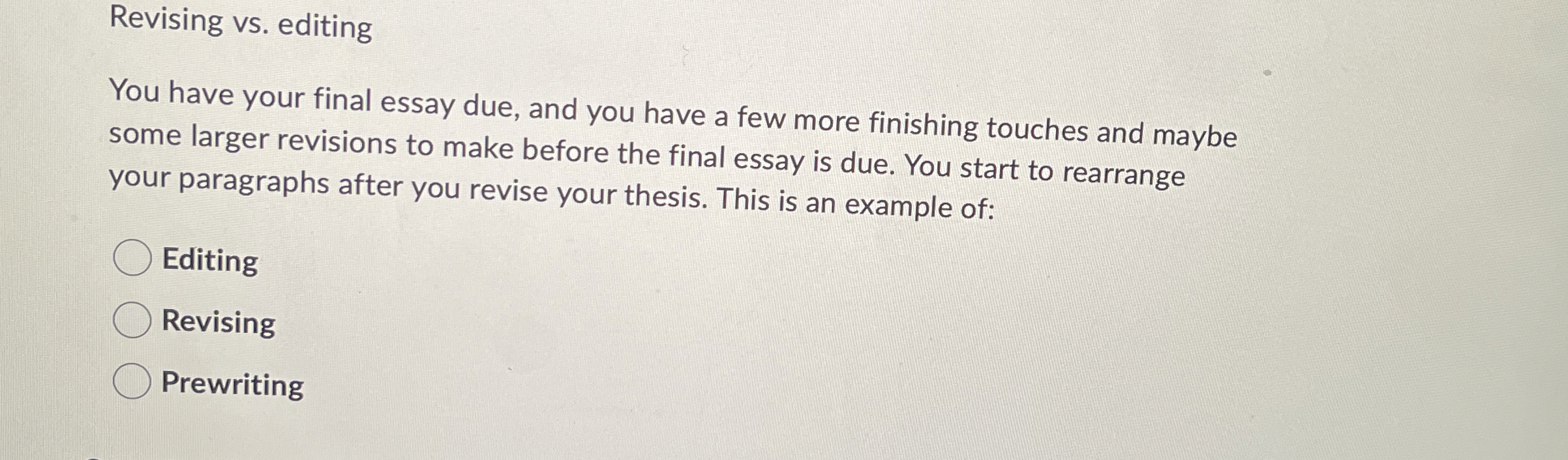 Solved Revising vs. ﻿editingYou have your final essay due, | Chegg.com