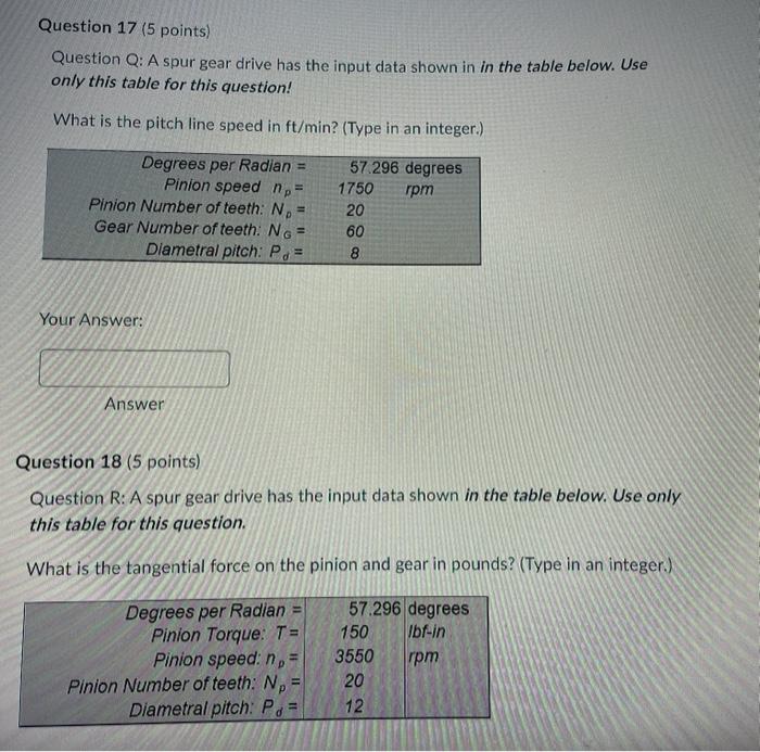 Solved Question 17 (5 points) Question Q: A spur gear drive | Chegg.com