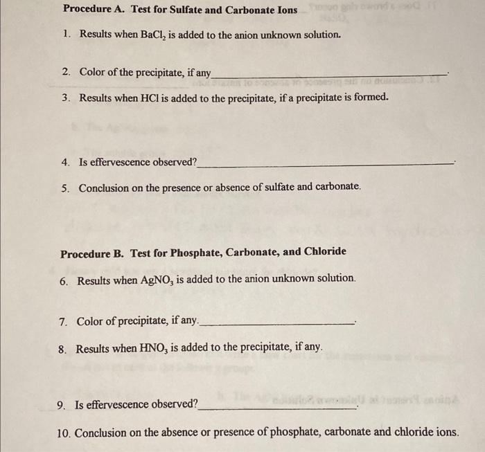 Solved Procedure A. Test for Sulfate and Carbonate Ions 1. | Chegg.com