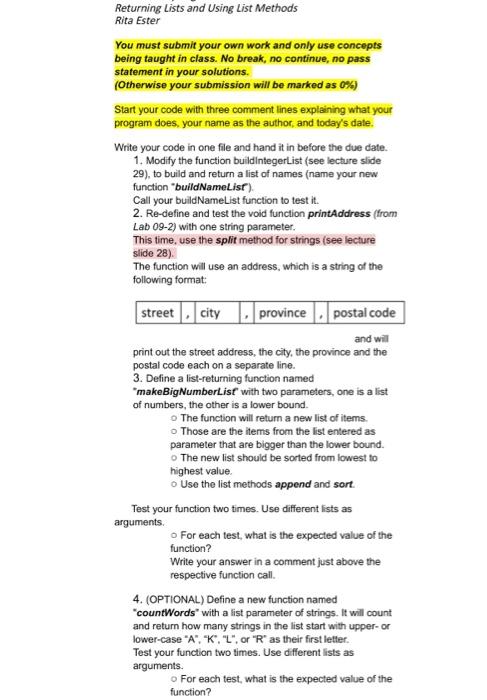 Solved Returning Lists and Using List Methods Rita Ester You | Chegg.com