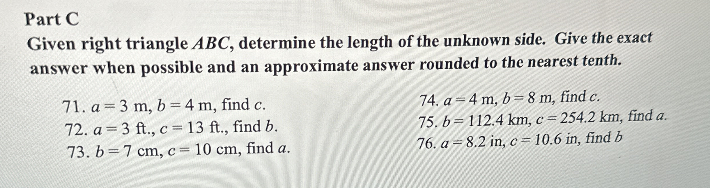 Solved I need help with 71. ﻿And 73.Given right triangle | Chegg.com