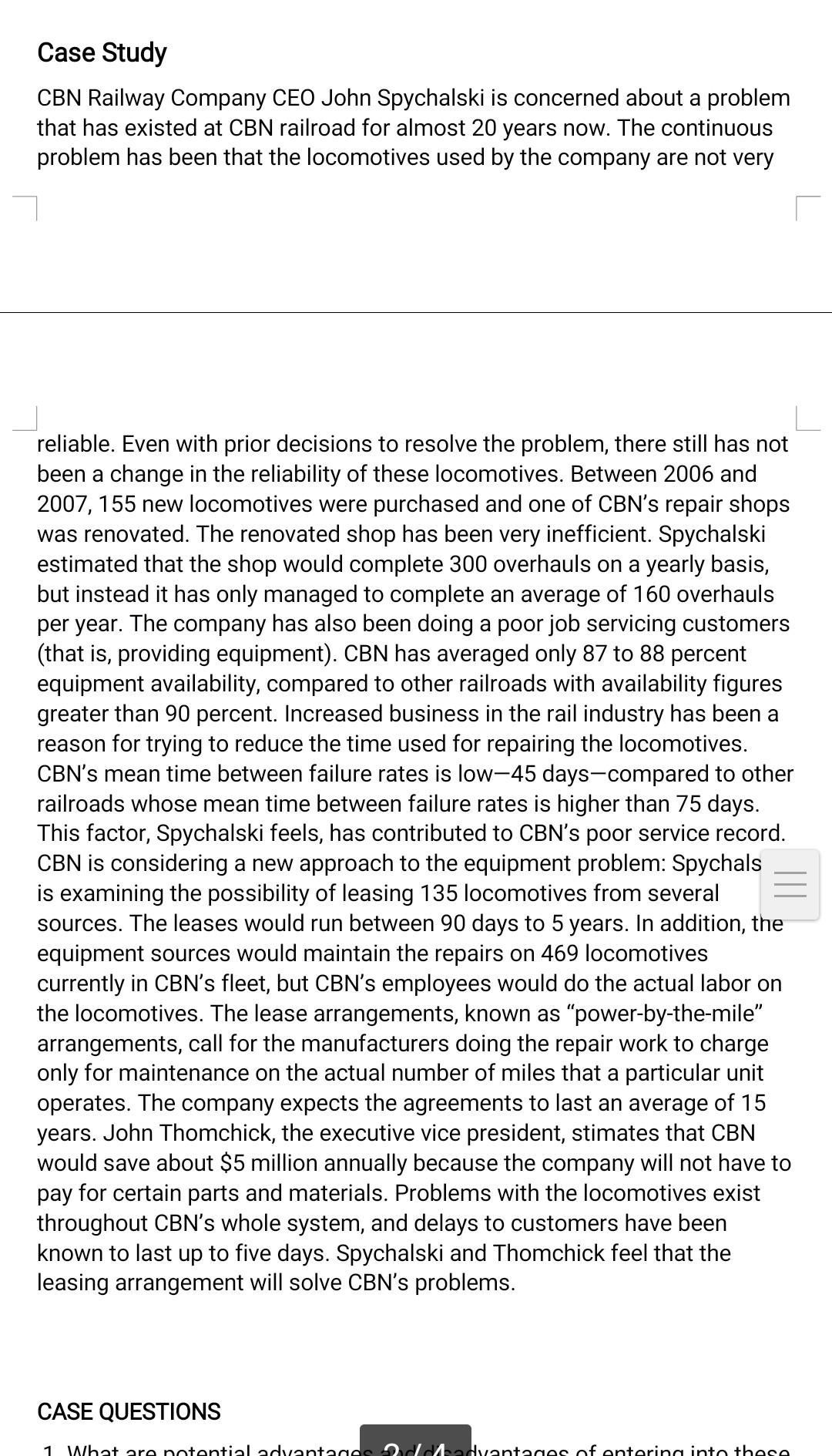 Case Study CBN Railway Company CEO John Spychalski is | Chegg.com