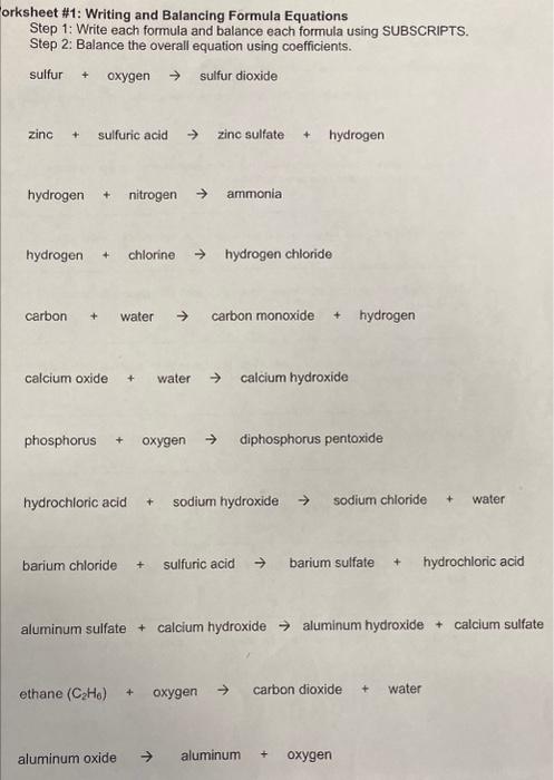 Solved orksheet #1: Writing and Balancing Formula Equations | Chegg.com