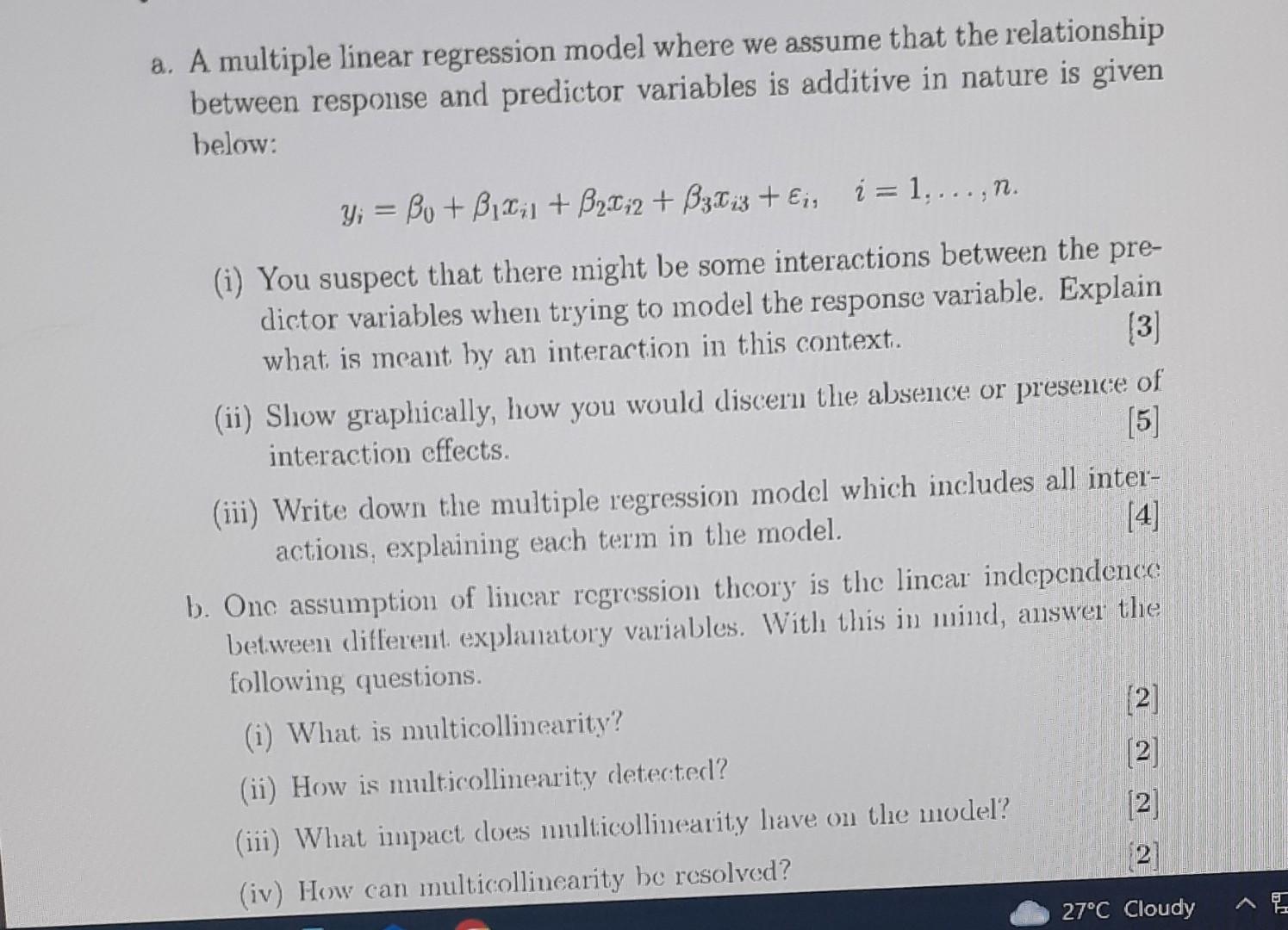 Solved a. A multiple linear regression model where we assume | Chegg.com