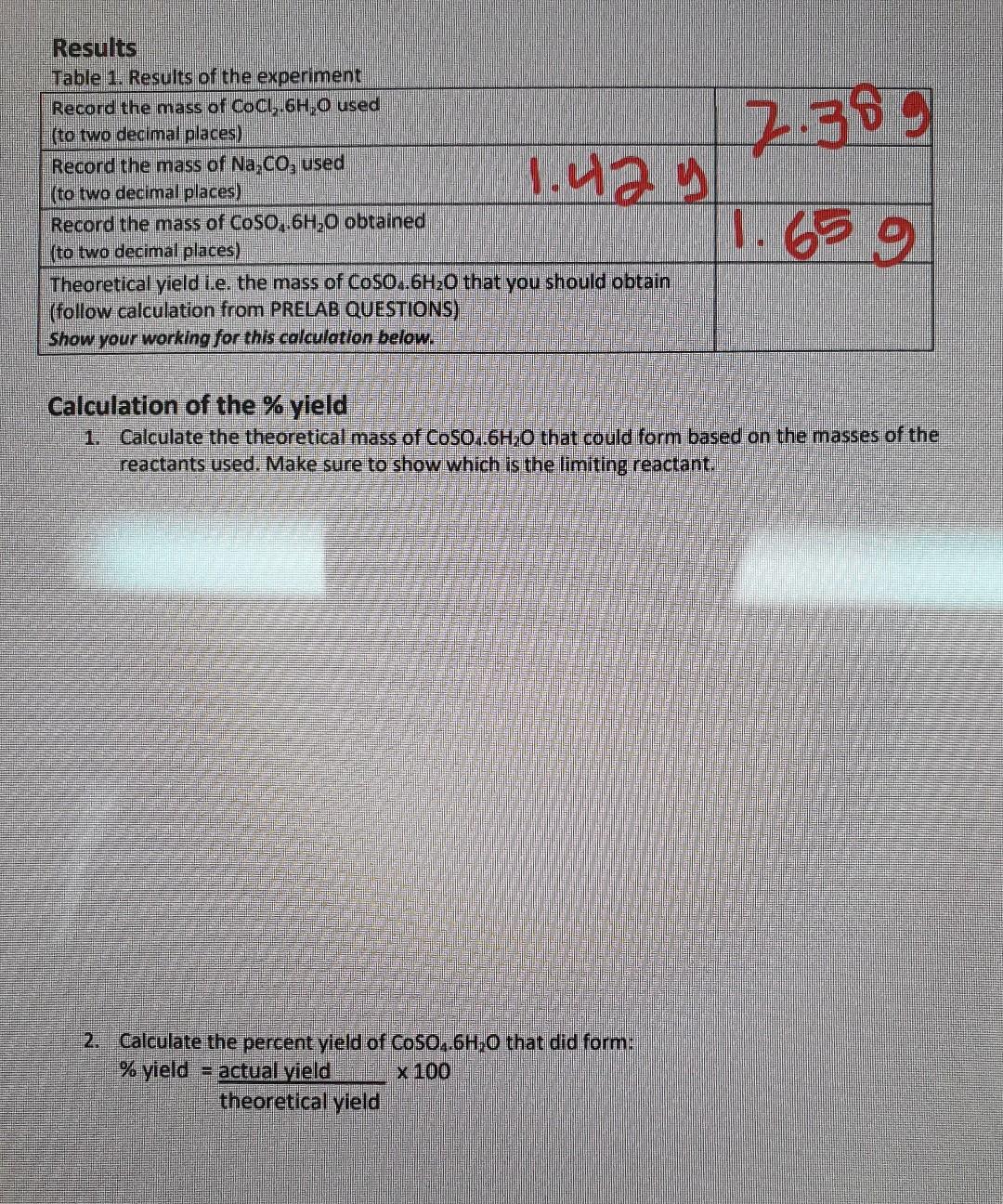 Calculation of the % yield 1. Calculate the | Chegg.com