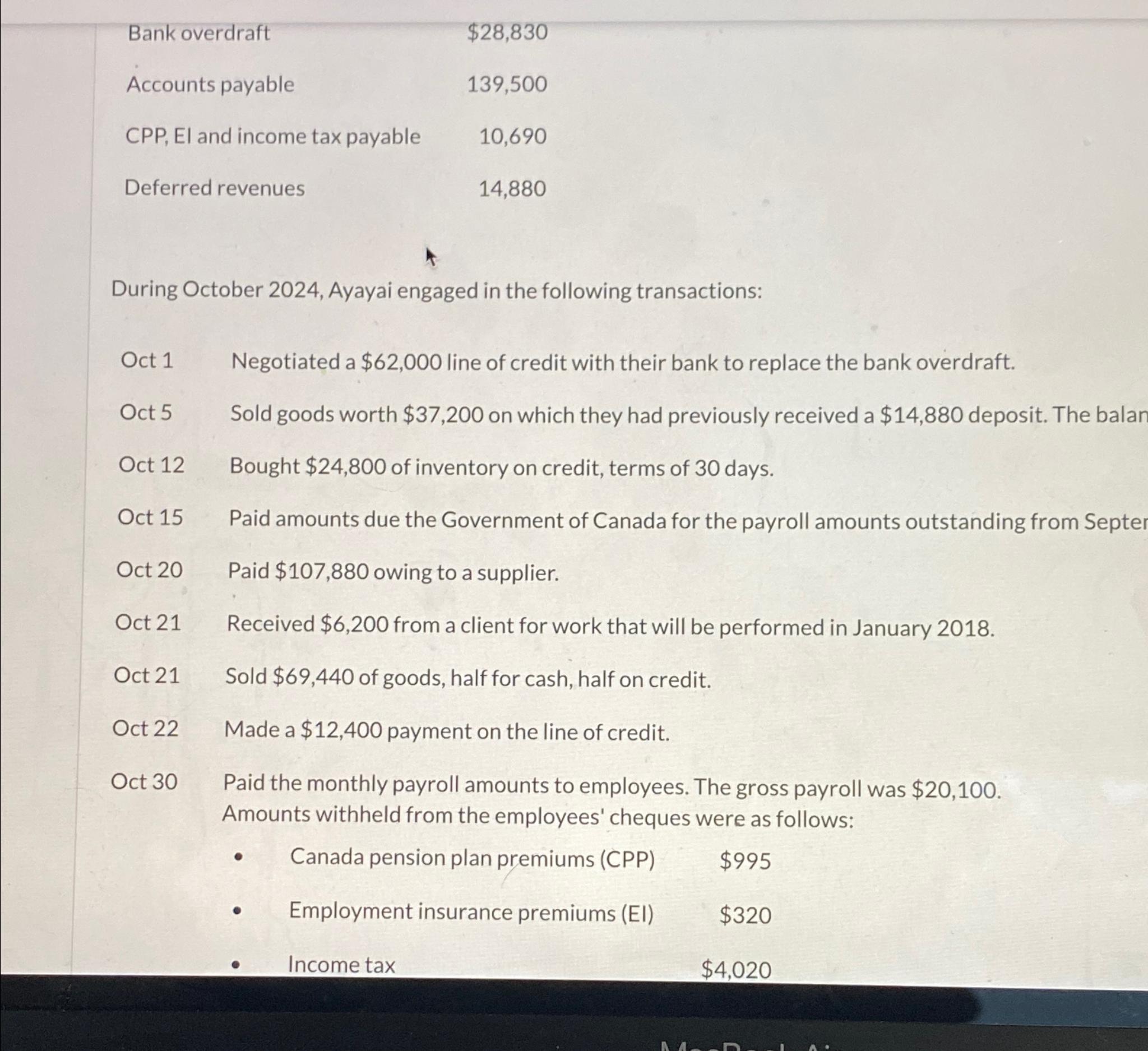Solved \table[[Bank overdraft,$28,830 | Chegg.com