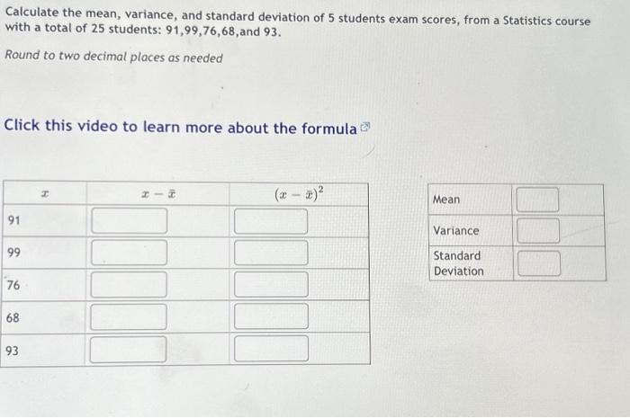 Solved Calculate the mean, variance, and standard deviation | Chegg.com