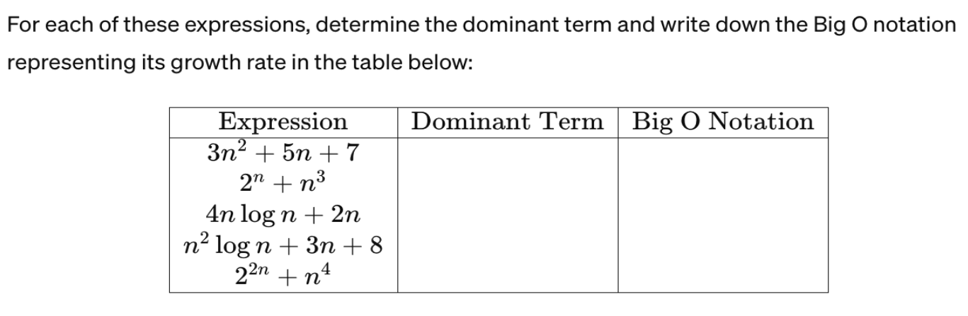 Solved For each of these expressions, determine the dominant | Chegg.com