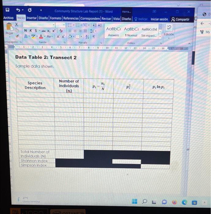 Solved Data Table 2: Transect 2 Sample data shown. Data | Chegg.com