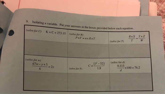 Solved 9. Isolating a variable. Put your answers in the | Chegg.com