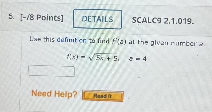 Solved Use this definition to find f′(a) at the given number | Chegg.com