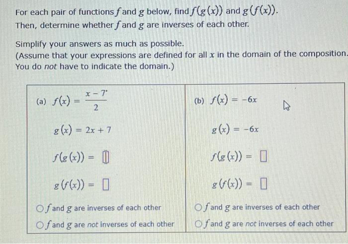 Solved For each pair of functions f and g below, find | Chegg.com