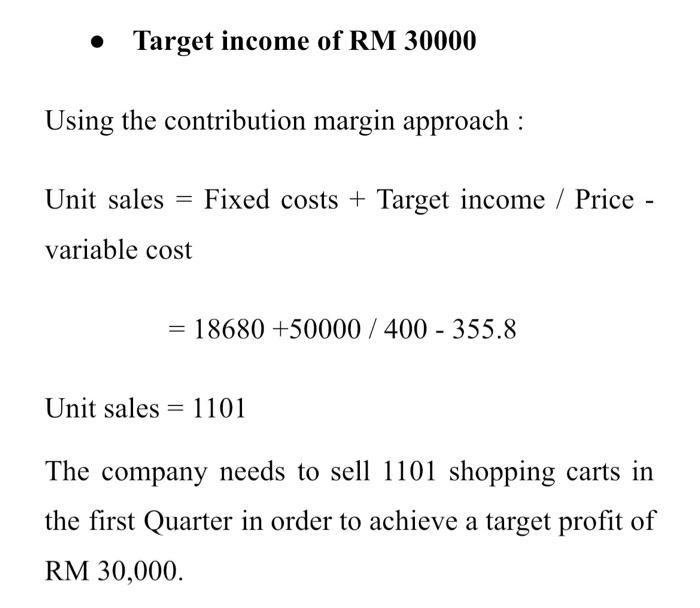 Solved • Target income of RM 30000 Using the contribution | Chegg.com