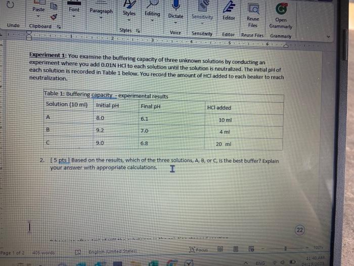 Solved Experiment 1: You examine the buffering capacity of | Chegg.com