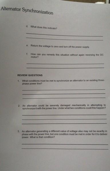 Solved Alternator Synchronization D What Does This