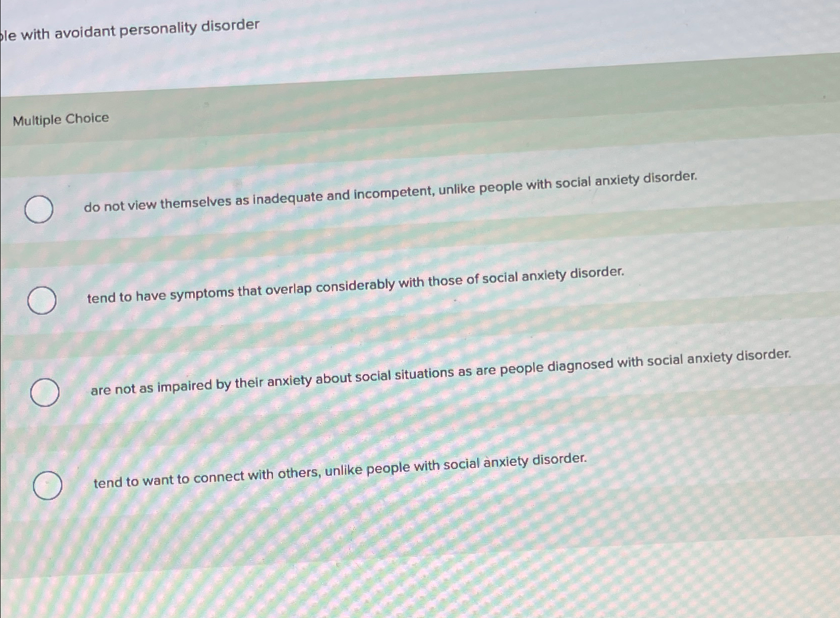 Solved le with avoidant personality disorderMultiple | Chegg.com