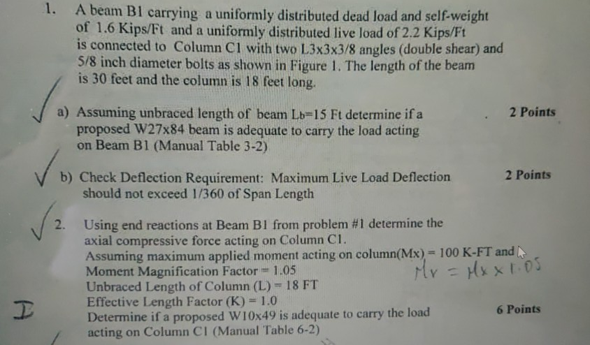 Solved 1. A beam B1 carrying a uniformly distributed dead | Chegg.com