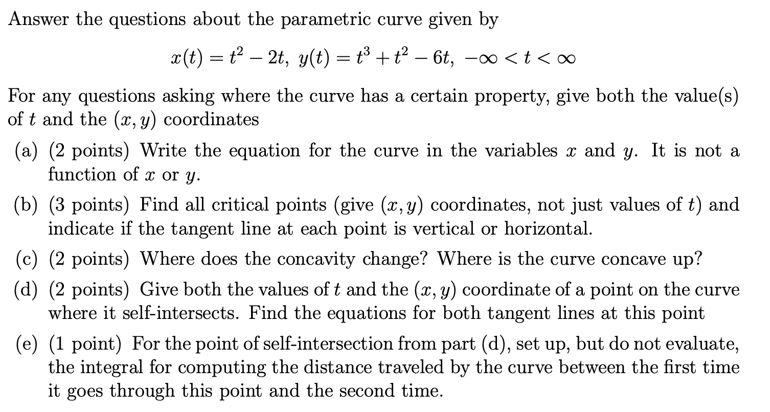 Answer the questions about the parametric curve given | Chegg.com