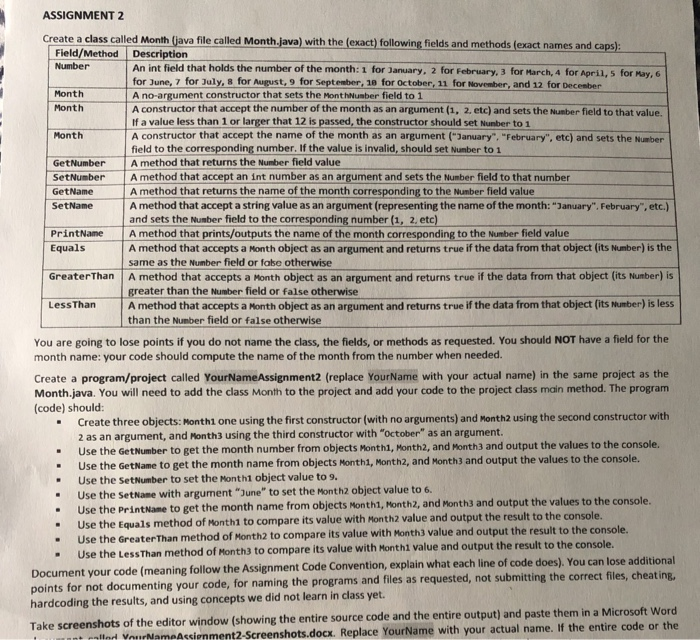 Solved ASSIGNMENT 2 Create a class called Month (java file | Chegg.com