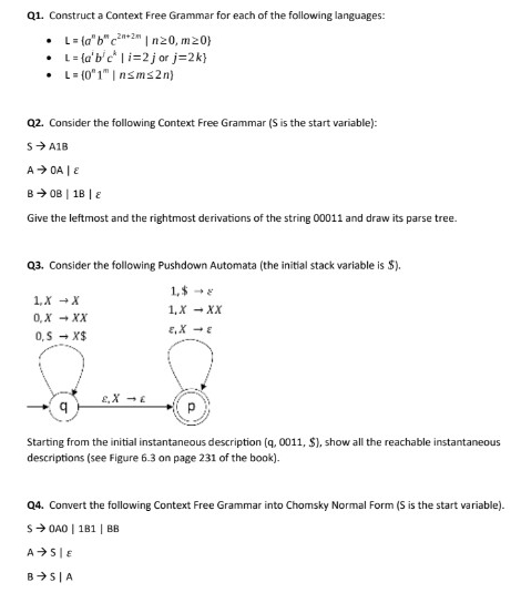 Solved Q1. ﻿Construct a Context Free Grammar for each of the | Chegg.com