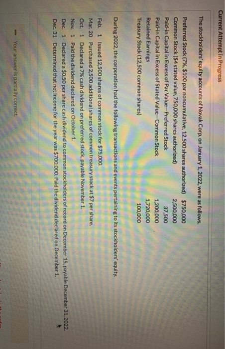 Solved Current Attempt In Progress The stockholders'equity | Chegg.com