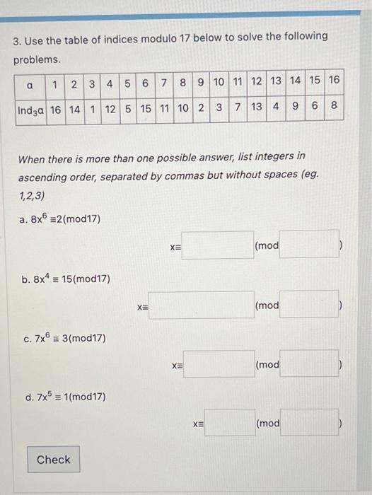 Solved 3. Use the table of indices modulo 17 below to solve | Chegg.com