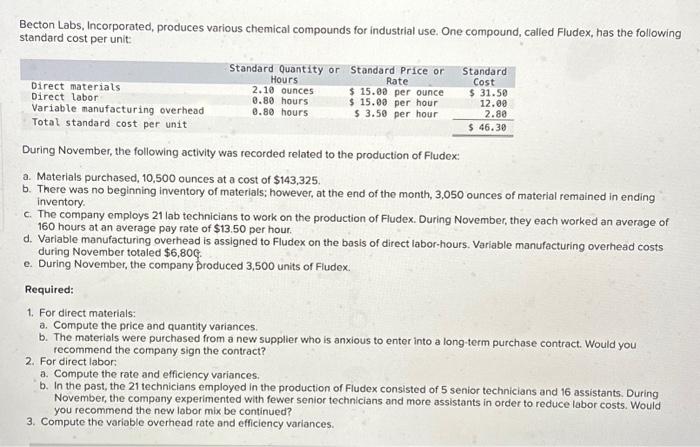 Solved Becton Labs, Incorporated, produces various chemical | Chegg.com